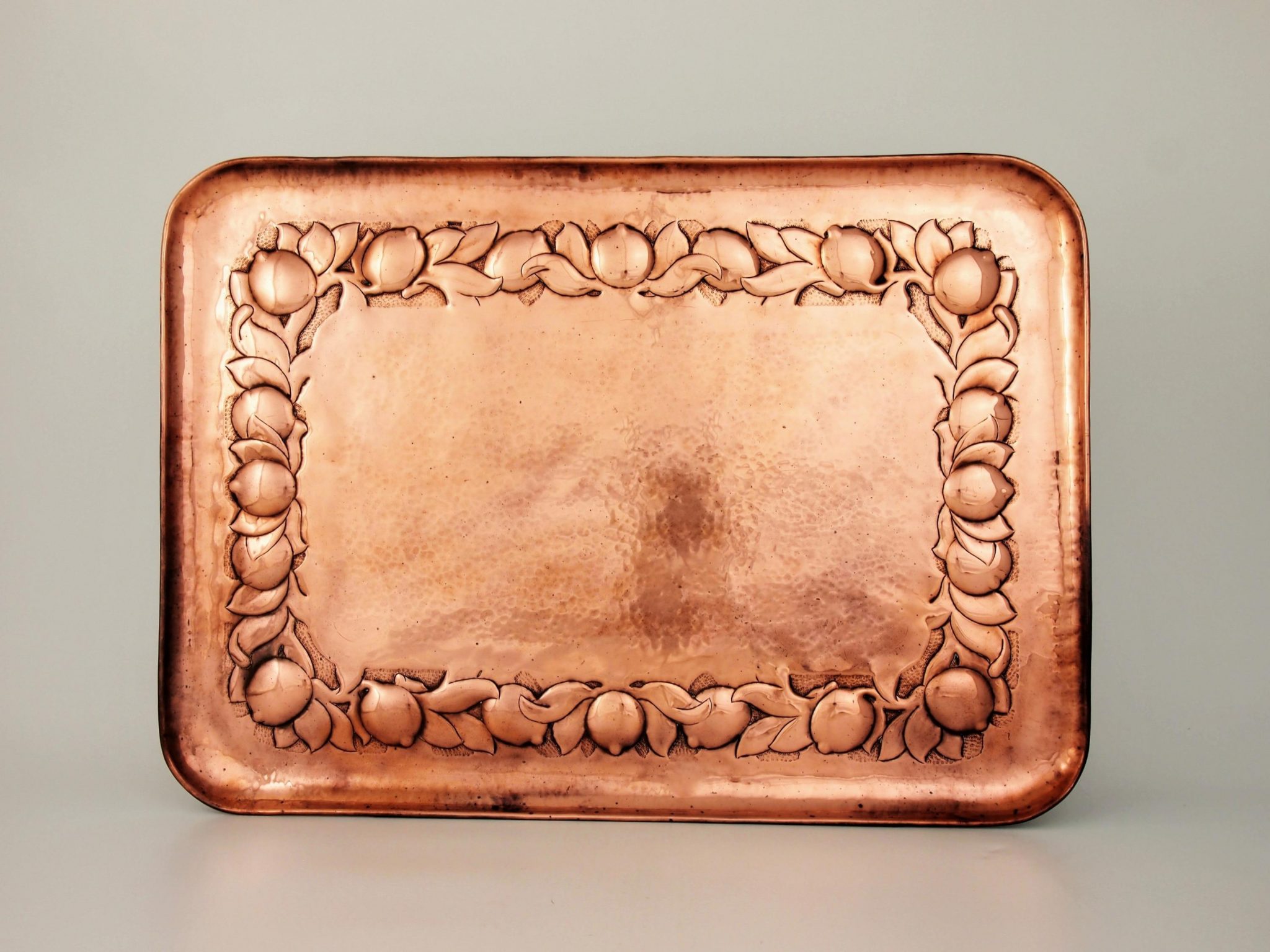 Newlyn Copper Tray with Leaves and Fruits of Lemon* - Nouveau Deco Arts