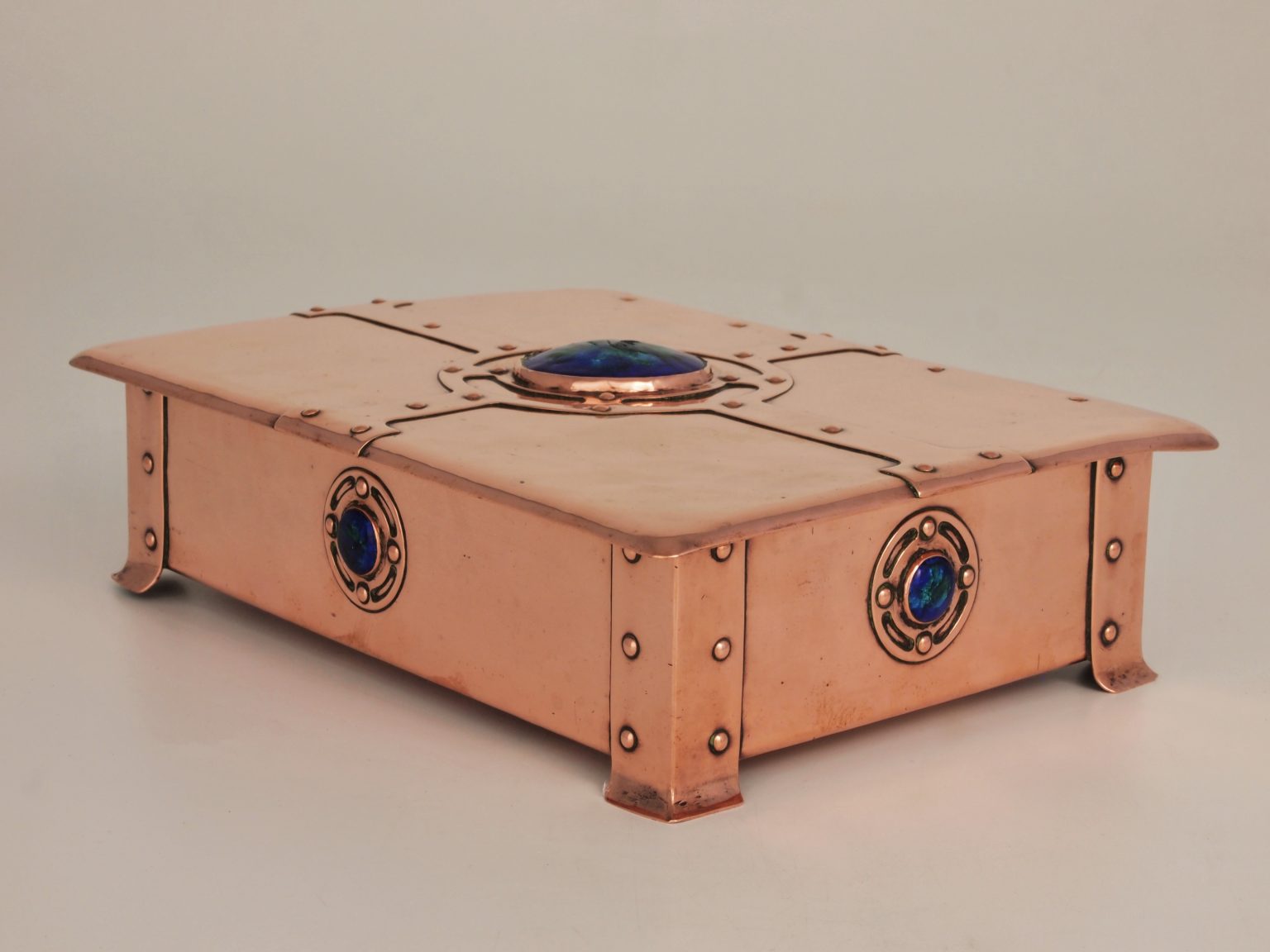 Copper Box with Four Enamelled Roundels by A.E. Jones* - Nouveau Deco Arts